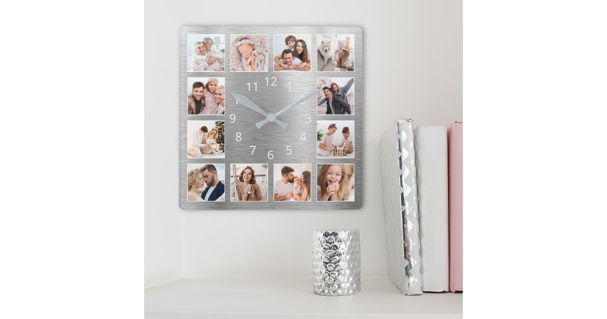 Personalized Family Photo Elegant Silver Square Wall Clock | Zazzle