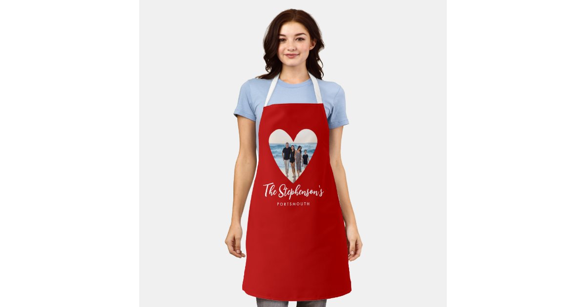 Personalized Family Photo Red Heart Frame Modern Apron | Zazzle