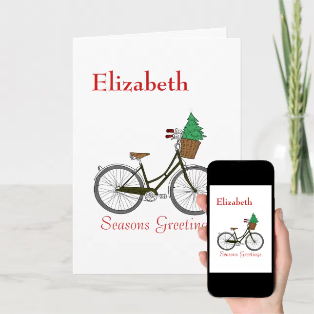 Personalized Festive Seasons Greetings Fun Bicycle Holiday Card | Zazzle