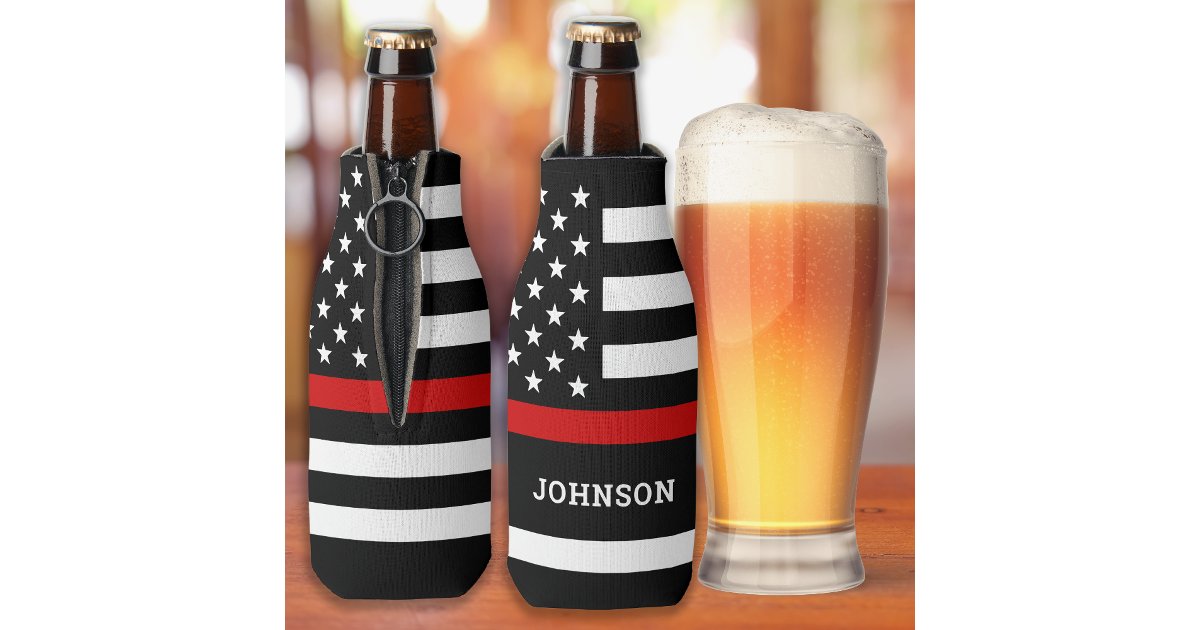 Personalized Firefighter Flag Thin Red Line Bottle Cooler | Zazzle