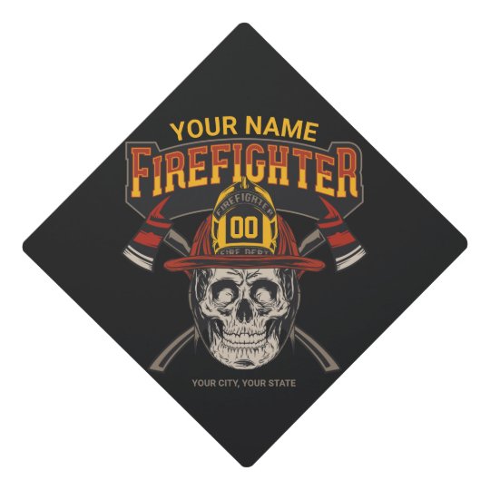 Personalized Fireman Skull Helmet Axe Firefighter Graduation Cap Topper ...