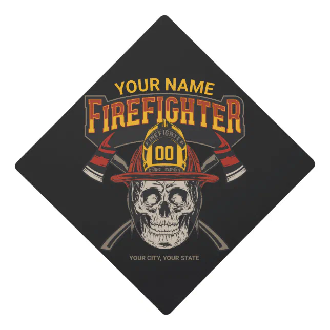 Personalized Fireman Skull Helmet Axe Firefighter Graduation Cap Topper ...