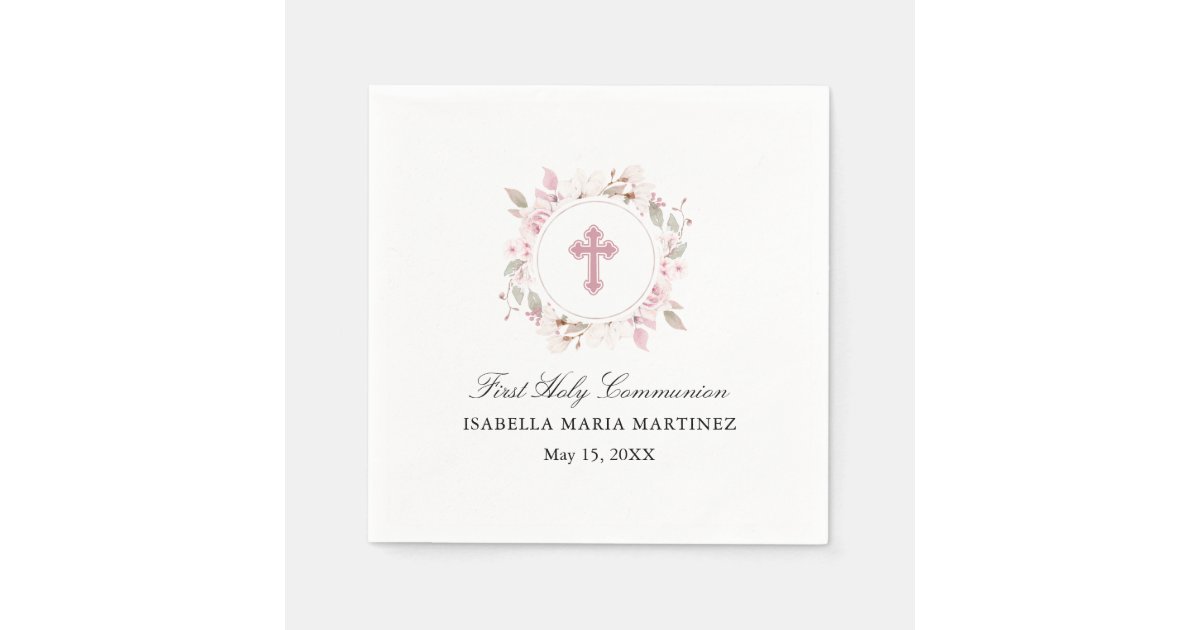 Personalized First Communion Pink Rose Floral Napkins | Zazzle