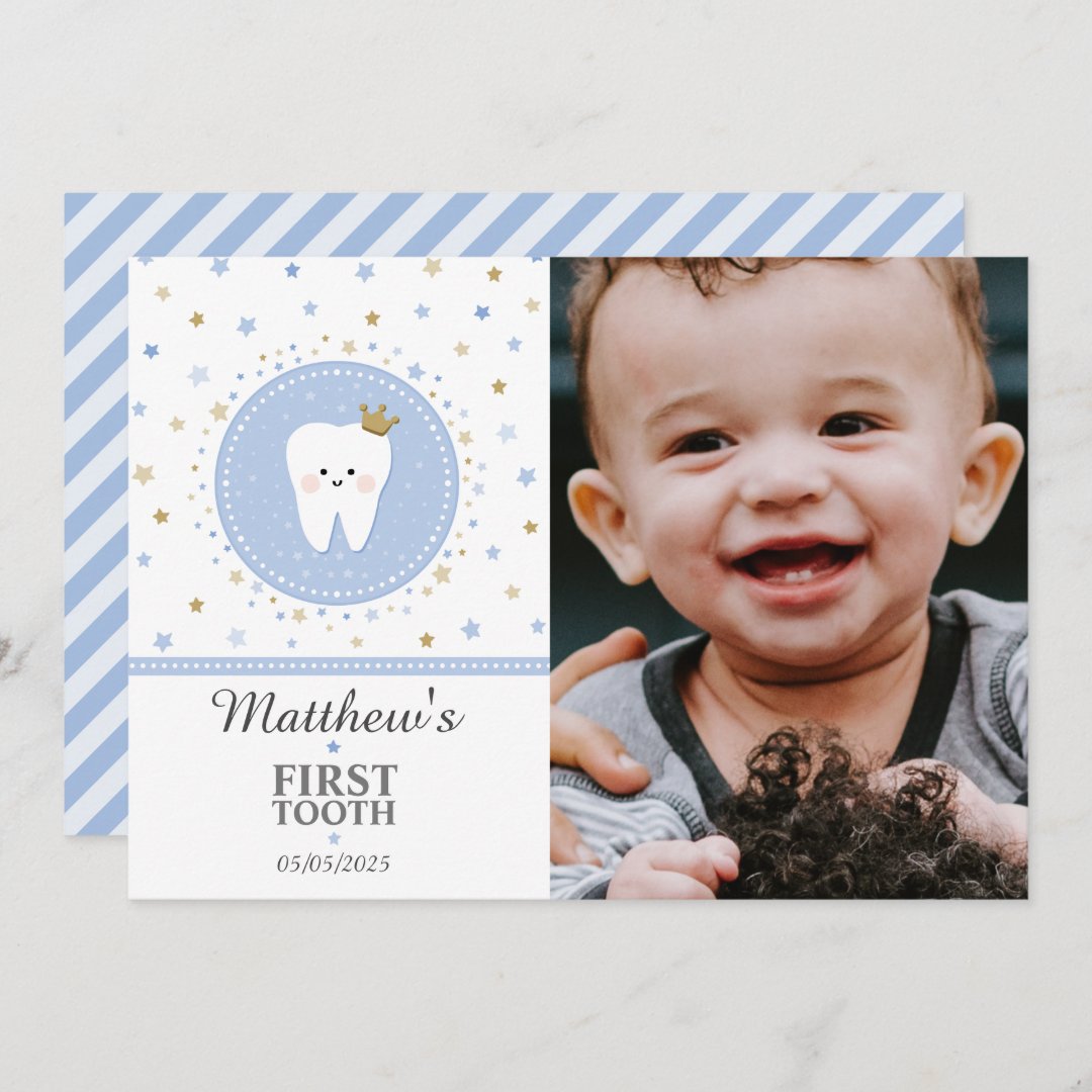 Personalized First Tooth Baby Boy Photo Card | Zazzle