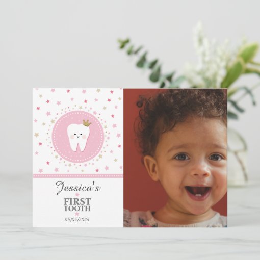 Personalized First Tooth Baby Girl Photo Card | Zazzle