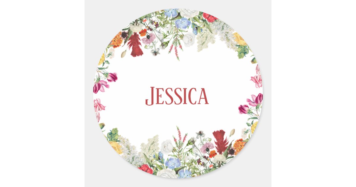 Personalized Floral Garden Colorful Flowers Classic Round Sticker | Zazzle