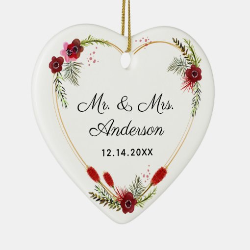 Personalized Floral Heart Photo Mr. & Mrs. Wedding Ceramic Ornament ...