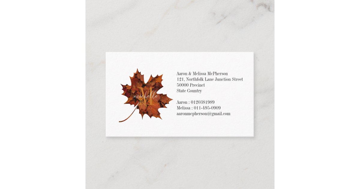 Personalized Floral Monogram Autumn Maple Leaf Business Card | Zazzle