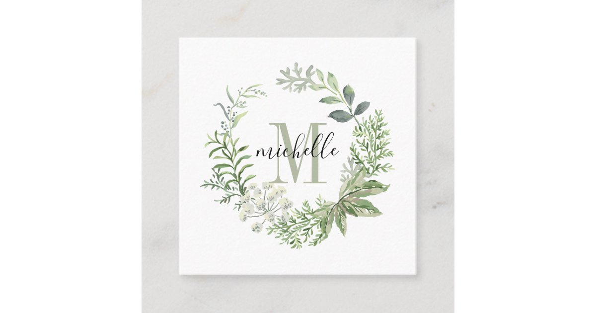 Personalized Floral Monogram Green Forest Leaves Square Business Card ...