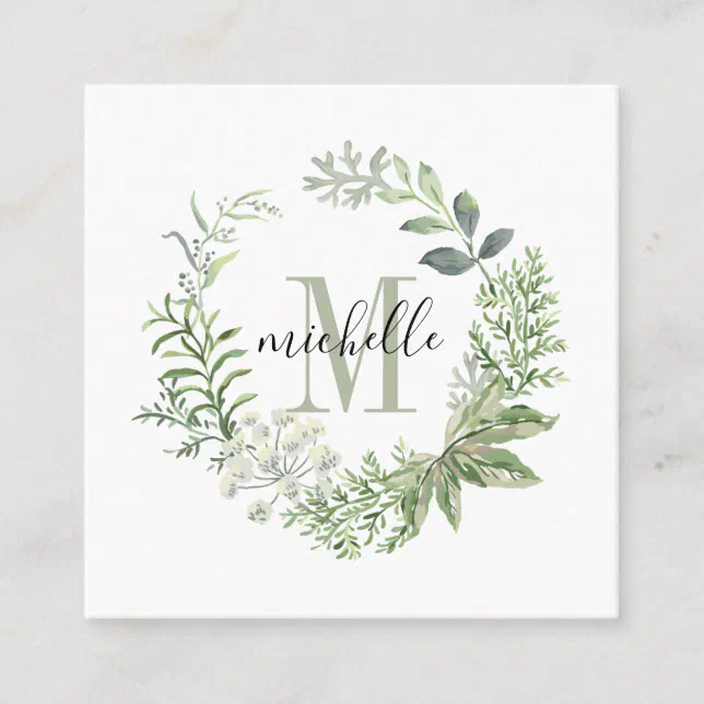 Personalized Floral Monogram Green Forest Leaves Square Business Card ...