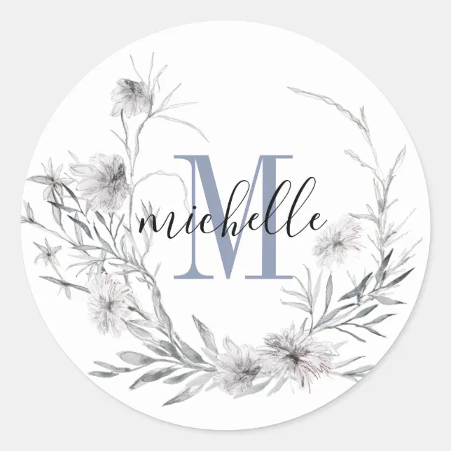 Personalized Floral Monogram Wildflower Foliage Classic Round Sticker ...