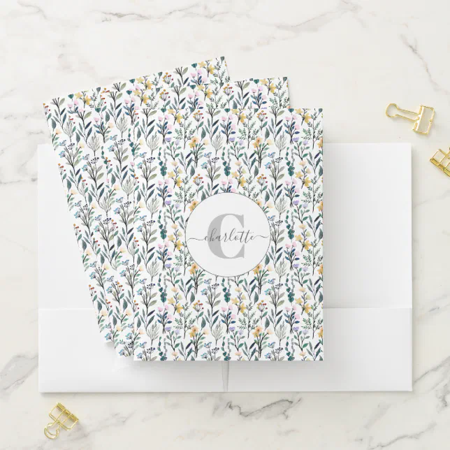 Personalized Floral Monogram Wildflowers Office Pocket Folder | Zazzle