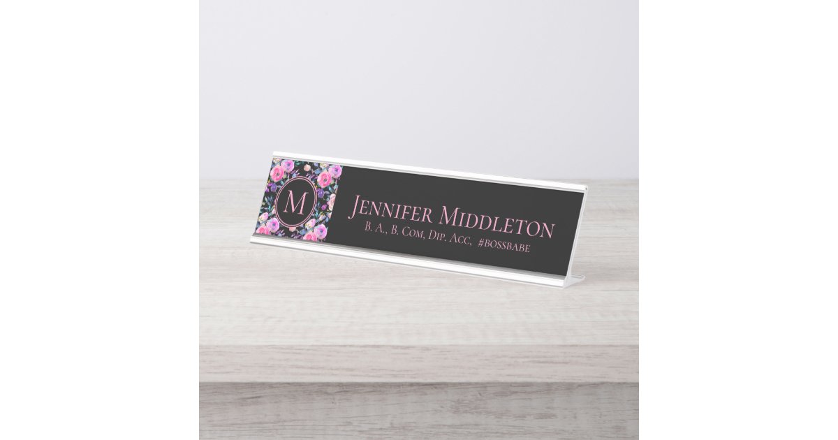 Personalized Floral Pink Black Monogram Desk Name Plate | Zazzle