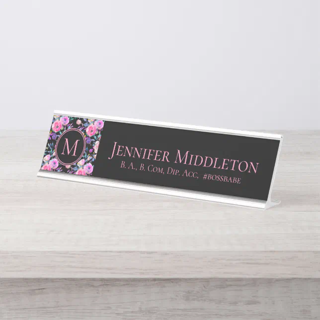 Personalized Floral Pink Black Monogram Desk Name Plate | Zazzle