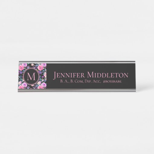 Personalized Floral Pink Black Monogram Desk Name Plate | Zazzle