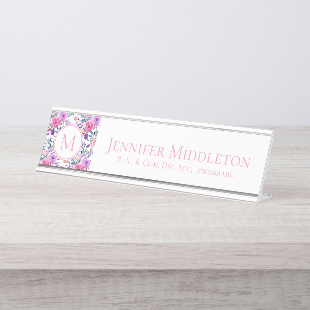 Personalized Floral Pink Monogram Desk Name Plate | Zazzle