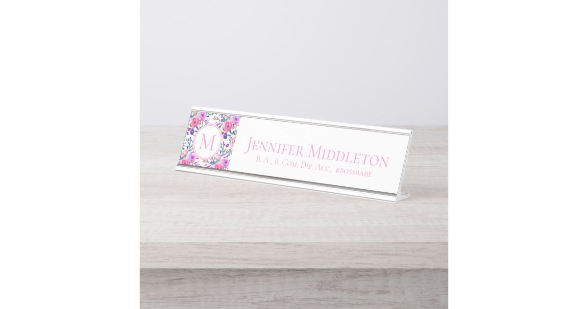 Personalized Floral Pink Monogram Desk Name Plate | Zazzle