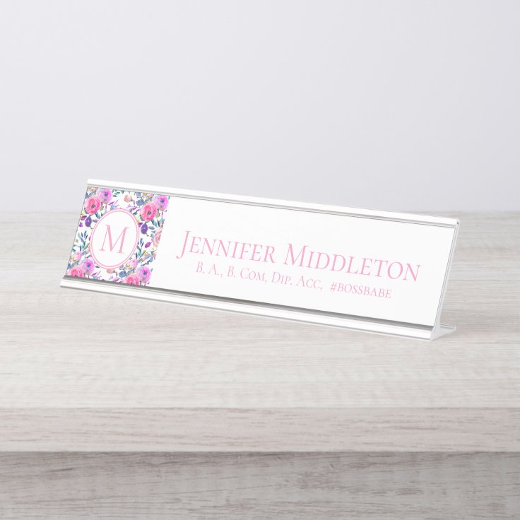 Personalized Floral Pink Monogram Desk Name Plate | Zazzle