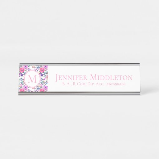 Personalized Floral Pink Monogram Desk Name Plate | Zazzle