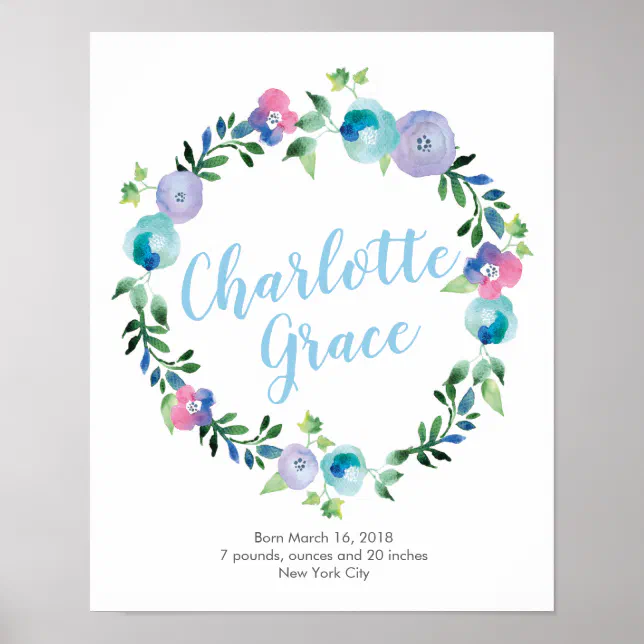 Personalized Floral purple blue birth poster print | Zazzle