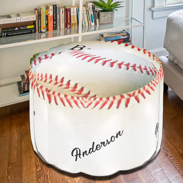 Personalized Foot Stool White Baseball red Pouf | Zazzle
