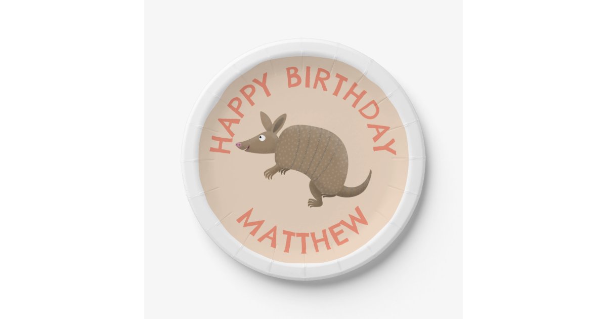 Personalized fun armadillo happy birthday cartoon paper plates | Zazzle