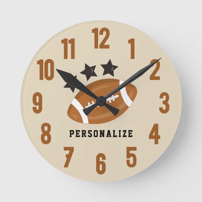 Personalized Fun Football With Stars Custom Text Round Clock | Zazzle