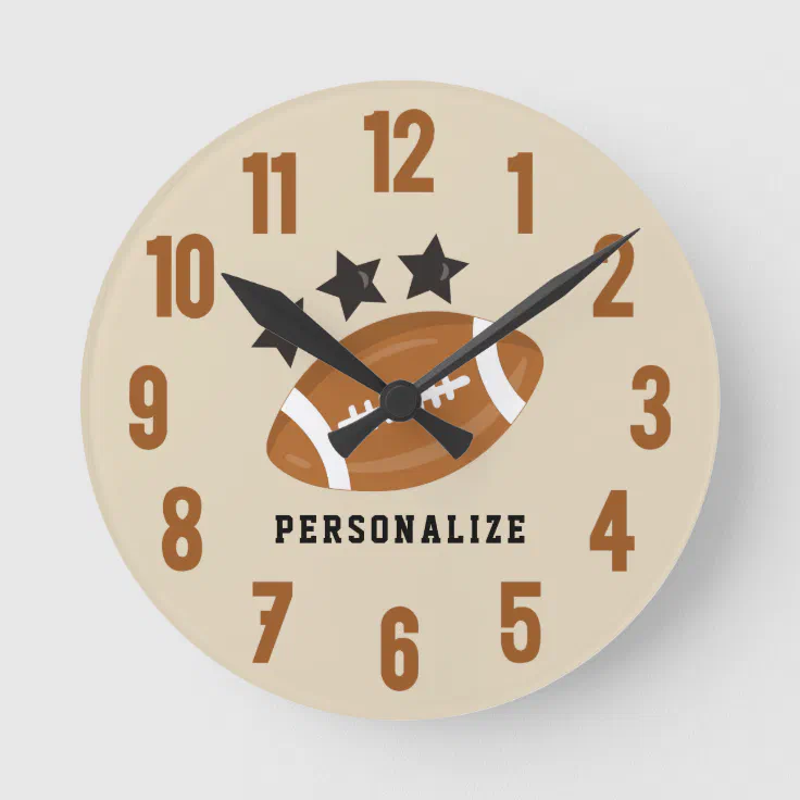 Personalized Fun Football With Stars Custom Text Round Clock | Zazzle