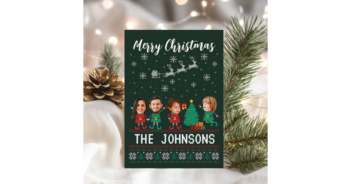 Personalized Funny Face Photo Christmas Elf Family Holiday Card | Zazzle