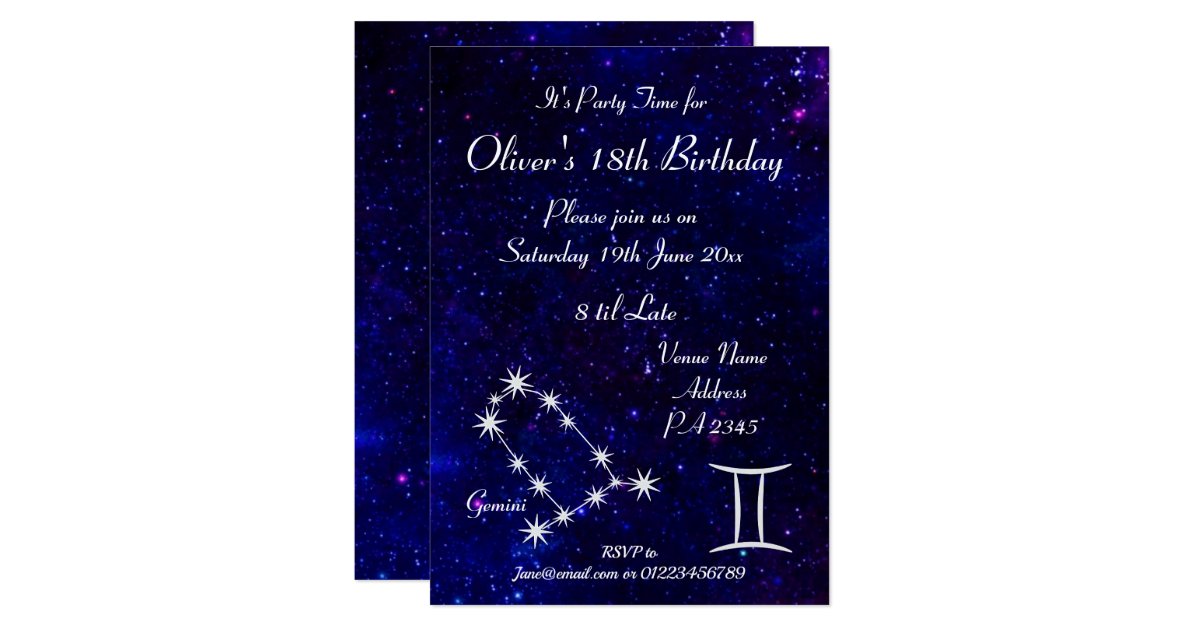 Personalized Gemini Zodiac Galaxy Party Invitation | Zazzle.com