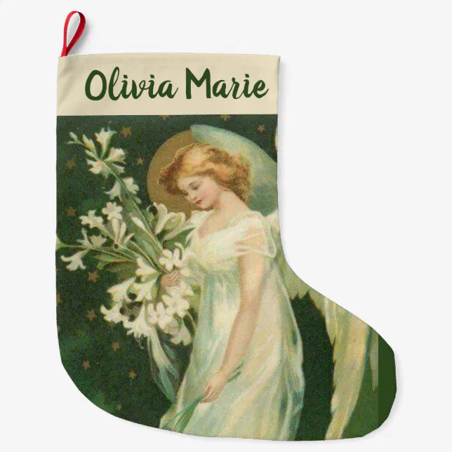 Personalized Girl Angel with flowers Large Christmas Stocking | Zazzle