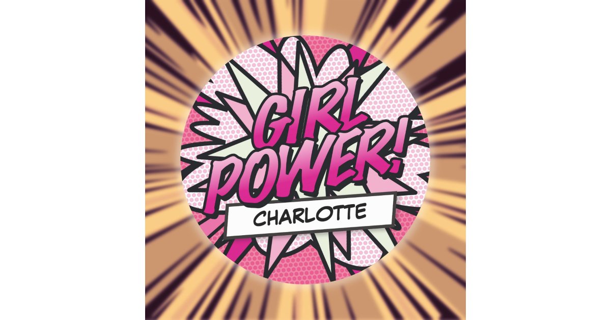 Personalized GIRL POWER Fun Comic Book Pink Classic Round Sticker | Zazzle