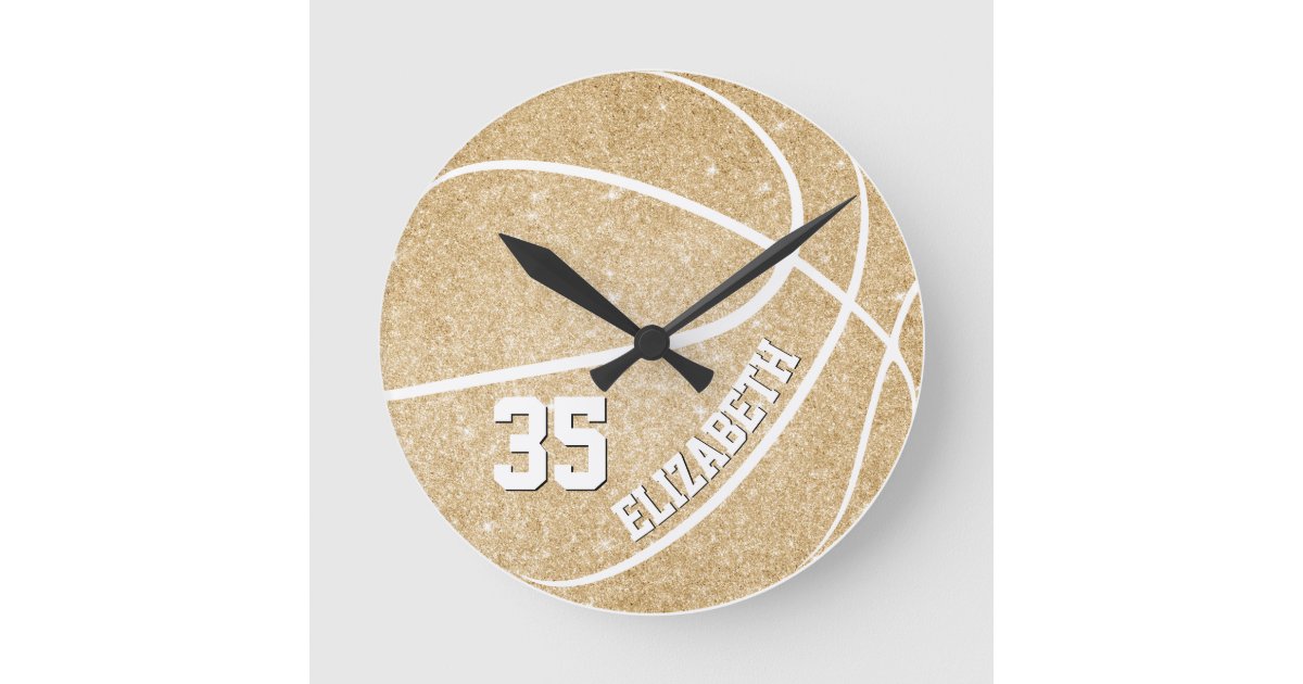 personalized girls golden basketball round clock | Zazzle