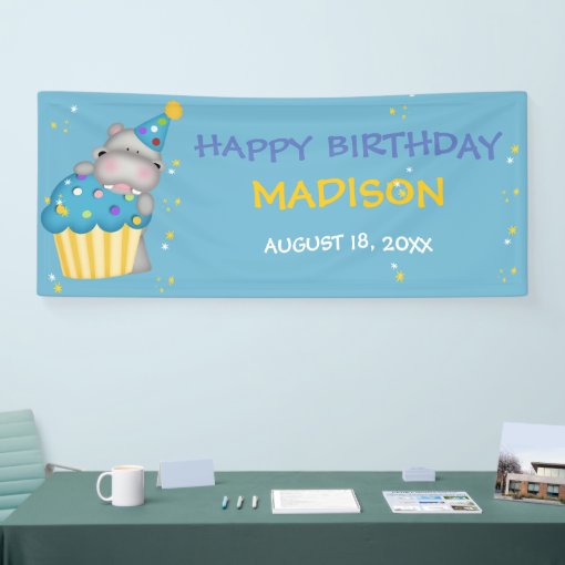 Personalized Girls Hippo Birthday Banner | Zazzle