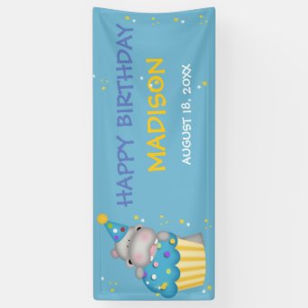 Personalized Girls Hippo Birthday Banner | Zazzle
