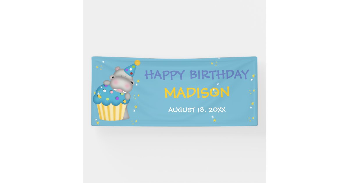 Personalized Girls Hippo Birthday Banner | Zazzle