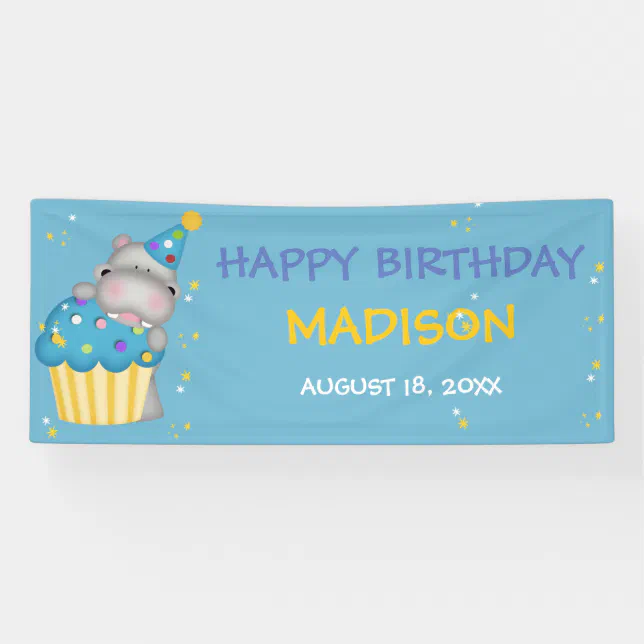 Personalized Girls Hippo Birthday Banner | Zazzle