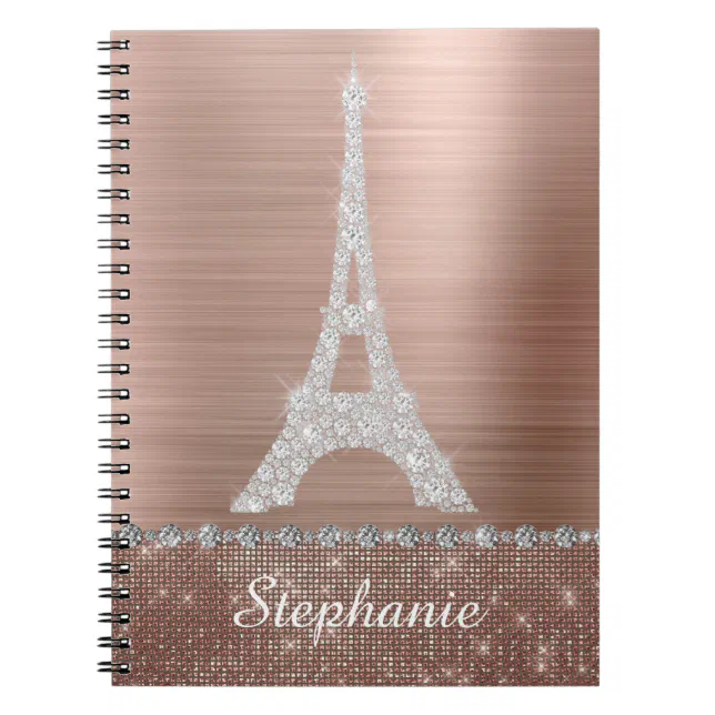 Personalized Girly Rose Gold Diamond Sparkle Paris Notebook | Zazzle