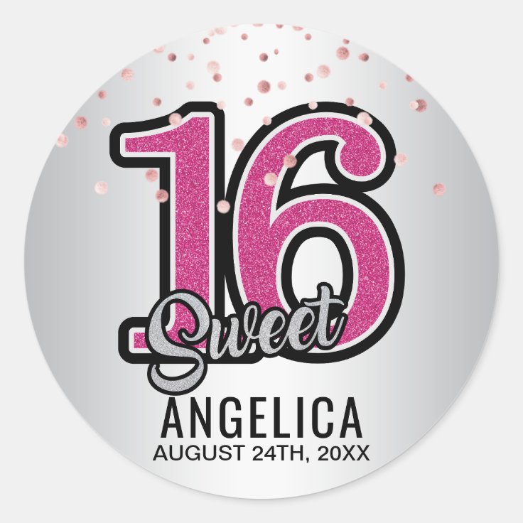 Personalized Glitter Pink Gold Sweet SIXTEEN 16 Classic Round Sticker ...