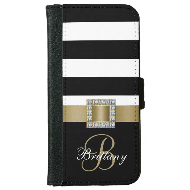 Personalized Gold, Black Bold Stripes Diamonds iPhone Wallet Case | Zazzle