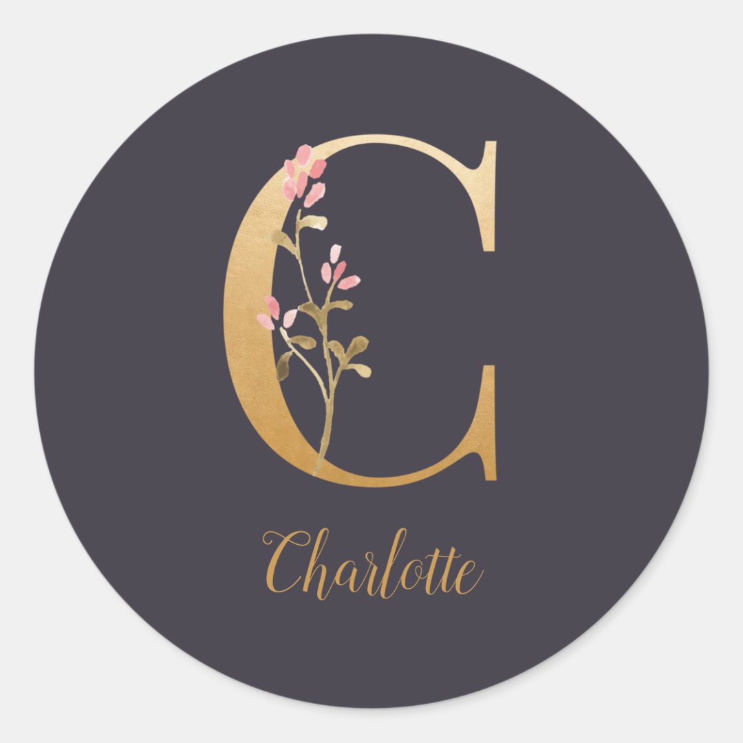 Personalized Gold Blue Elegant Floral Monogram C Classic Round Sticker ...