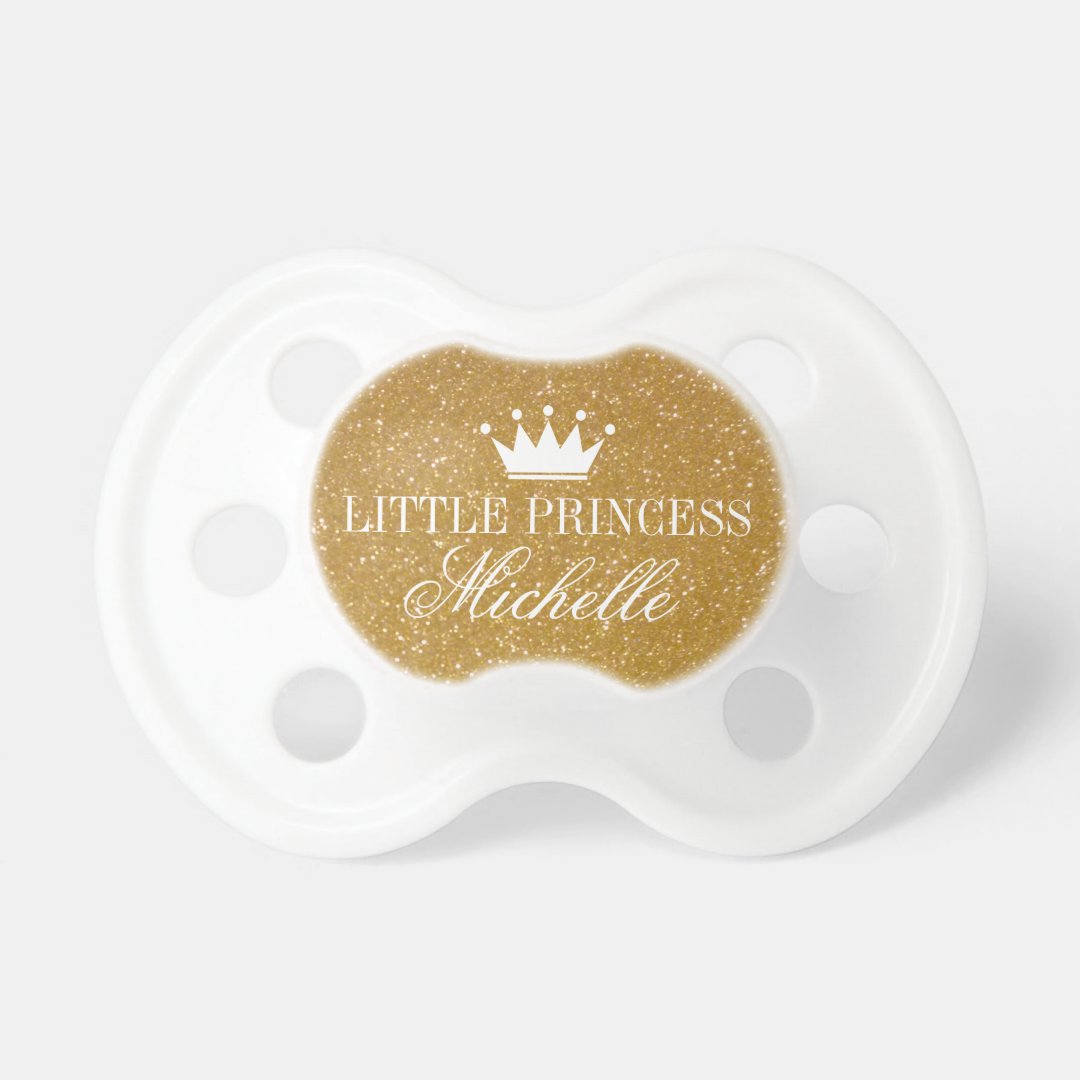 Personalized gold glitter princess crown pacifier | Zazzle