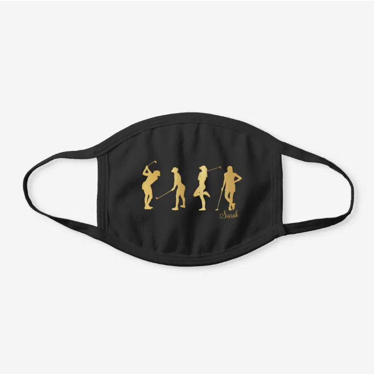 Personalized Gold Lady Golfer Silhouettes Black Cotton Face Mask | Zazzle