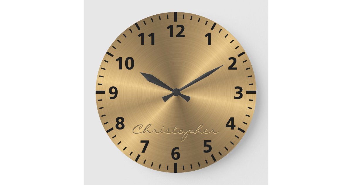 Personalized Gold Metallic Radial Texture Large Clock | Zazzle
