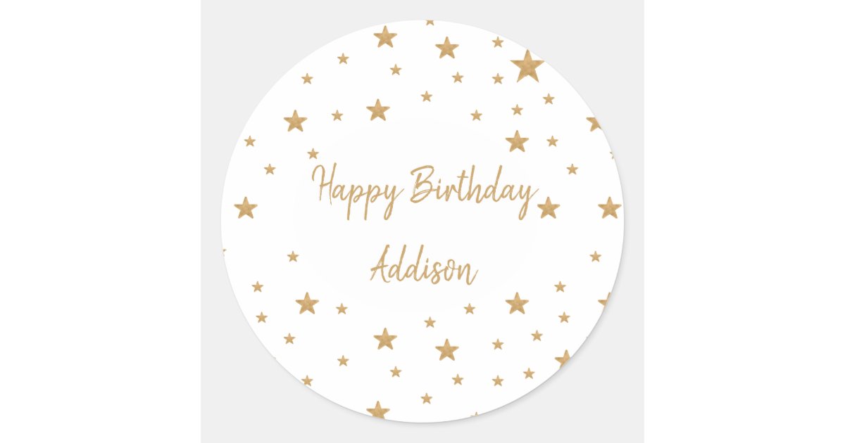 Personalized Gold Star Glitter Happy Birthday Classic Round Sticker ...