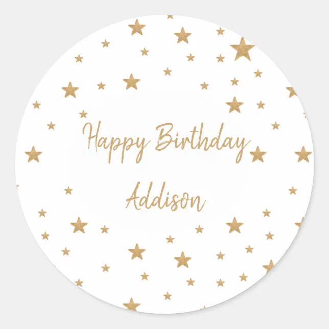 Personalized Gold Star Glitter Happy Birthday Classic Round Sticker ...