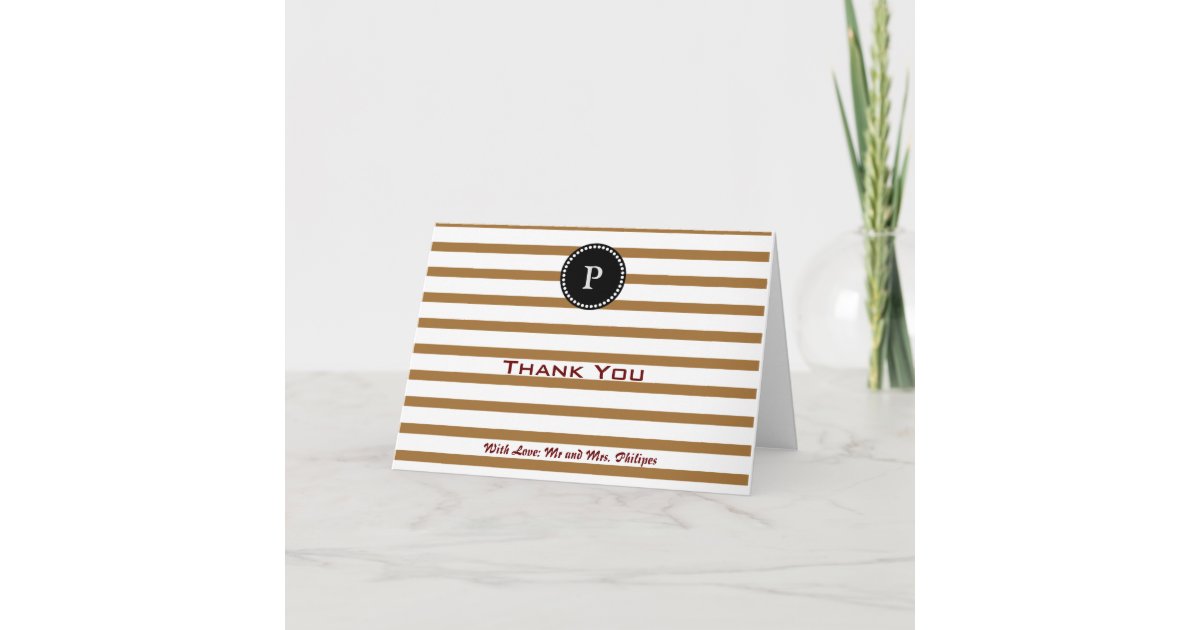 Personalized Gold Striped Monogram Thank You Card | Zazzle