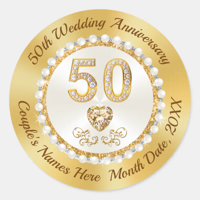 Personalized, Golden Wedding Anniversary Stickers, Classic Round ...
