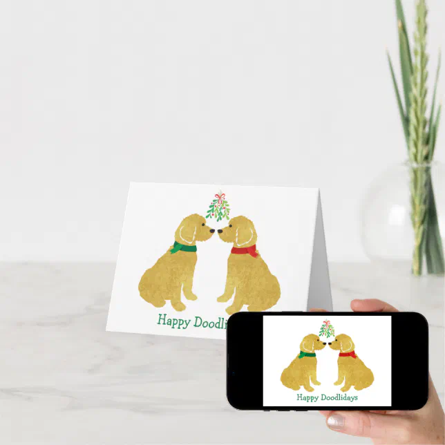 Personalized Goldendoodles Kissing Under Mistletoe Holiday Card | Zazzle