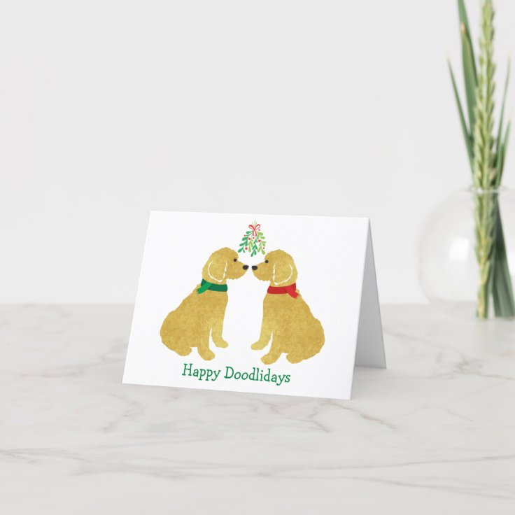 Personalized Goldendoodles Kissing Under Mistletoe Holiday Card | Zazzle